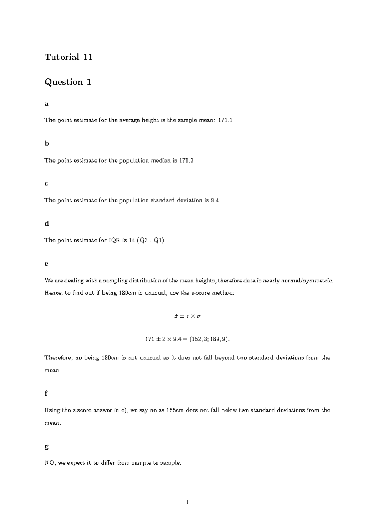 BME 120 - Tut 11 2024 Memo - Tutorial 11 Question 1 a The point estimate for the average height ...