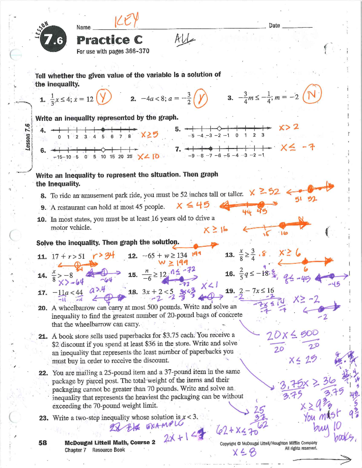 Practive 7.6C Key - Practice - Pre-Algbra - Studocu