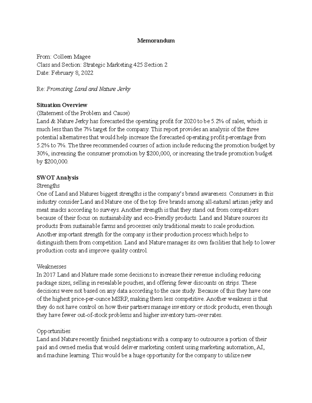 Case Study Promoting Land and Nature Jerky - Memorandum From: Colleen ...
