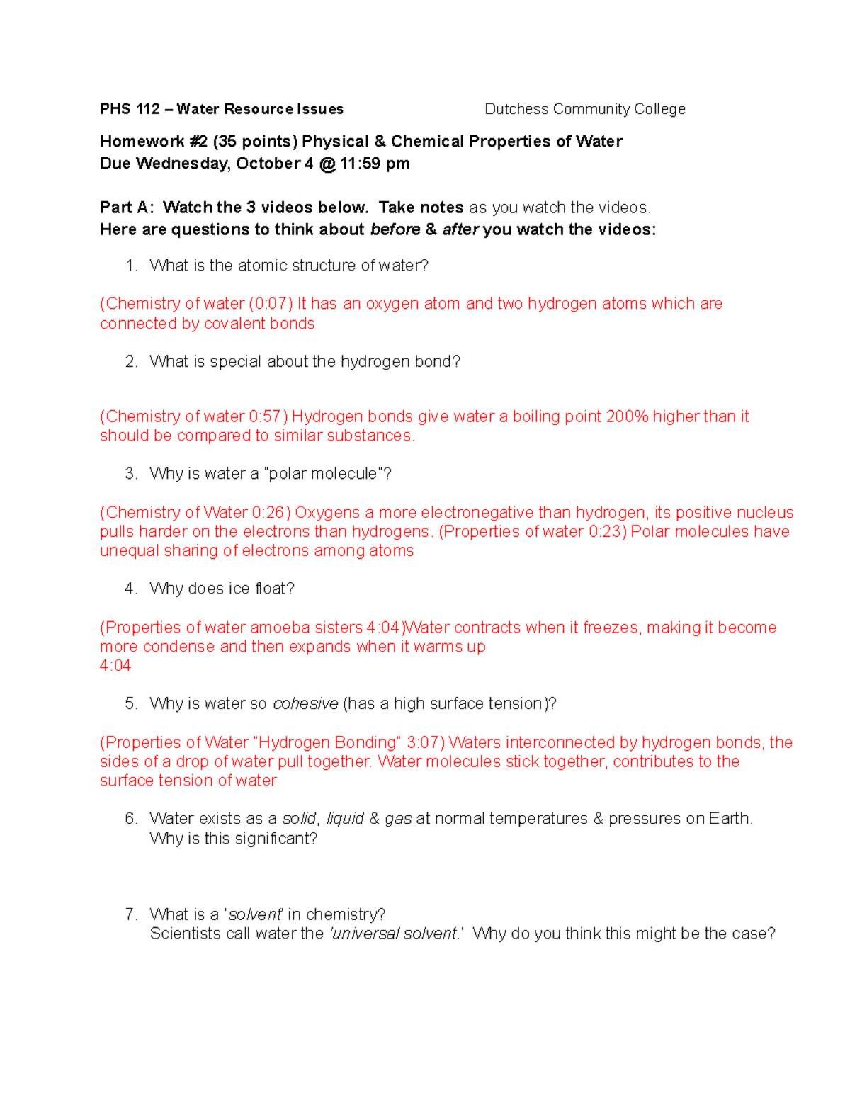 PHS 112 HW #2 Properties of Water F23 - PHS 112 – Water Resource Issues ...