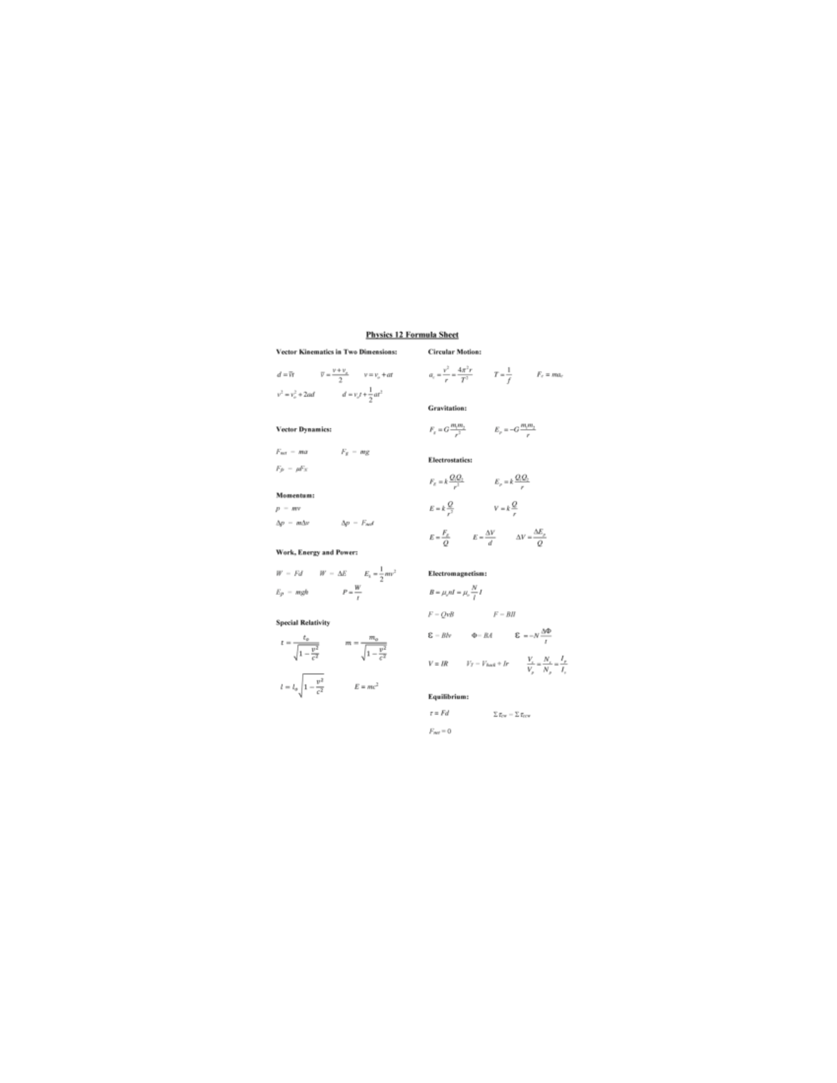 Physics grade 12 formula sheet - Physics 12 Formula Sheet Vector ...