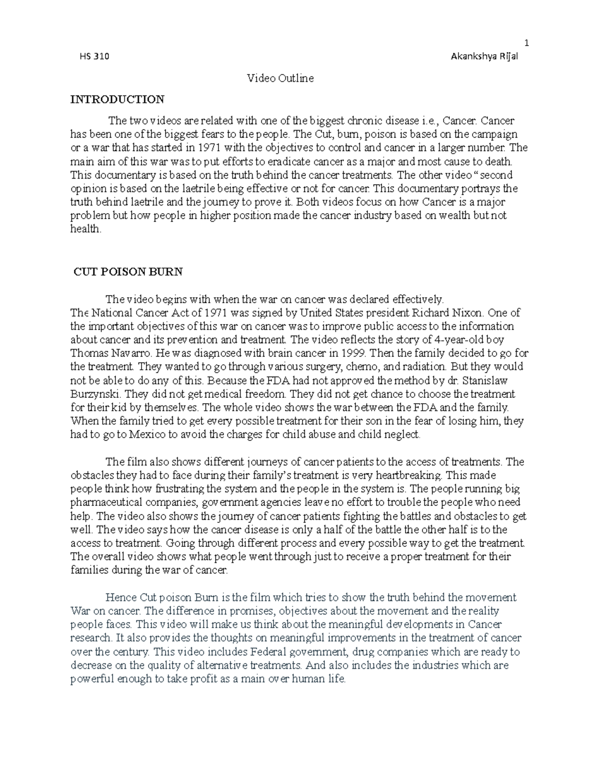 Hs 310 video outline - 1 HS 310 Akankshya Rijal Video Outline ...