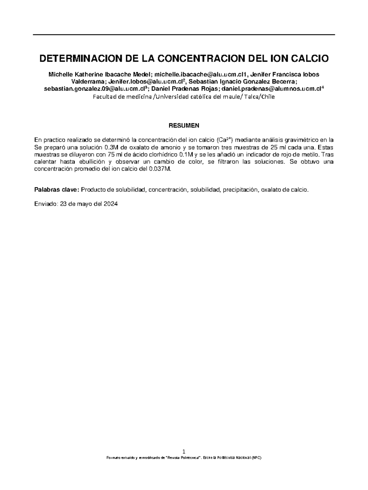 Determinacion DE LA Concentracion DEL ION Calcio - 1 Formato extraído y ...