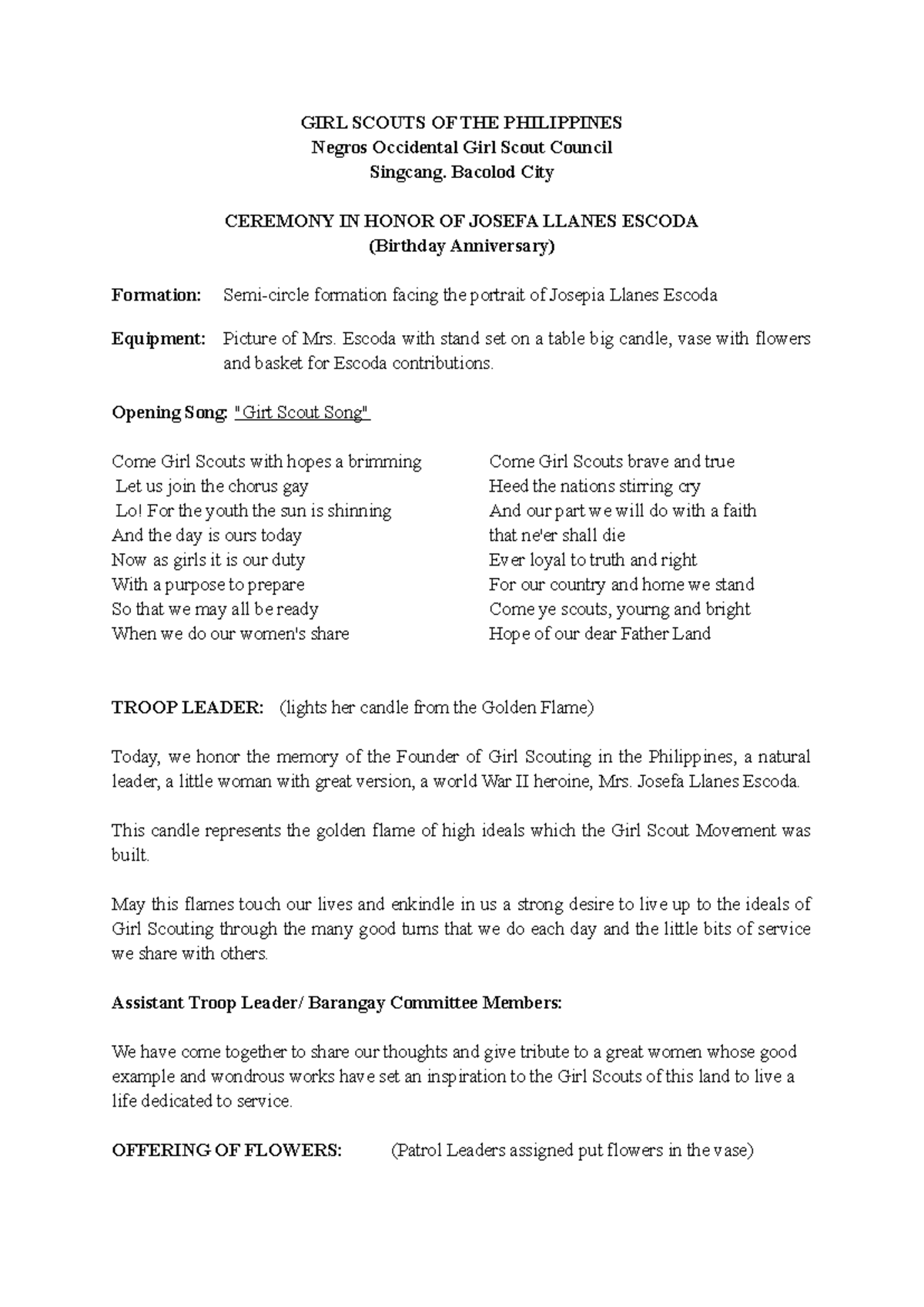 Escoda - notes - GIRL SCOUTS OF THE PHILIPPINES Negros Occidental Girl ...