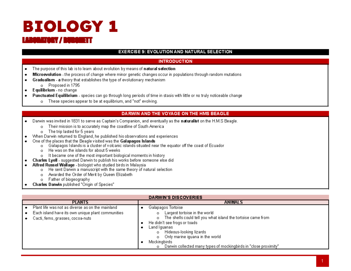 BIO1 LAB9 - Evolution and Natural Selection - BIOLOGY 1 LABORATORY ...