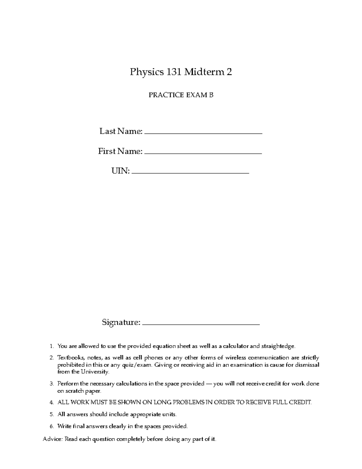 Practice Midterm 2B - Physics 131 Midterm 2 PRACTICE EXAM B Last Name ...