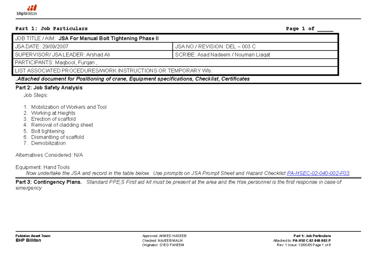 JSA-Bolt Tightening - work strong - Part 1: Job Particulars Page 1 of ...
