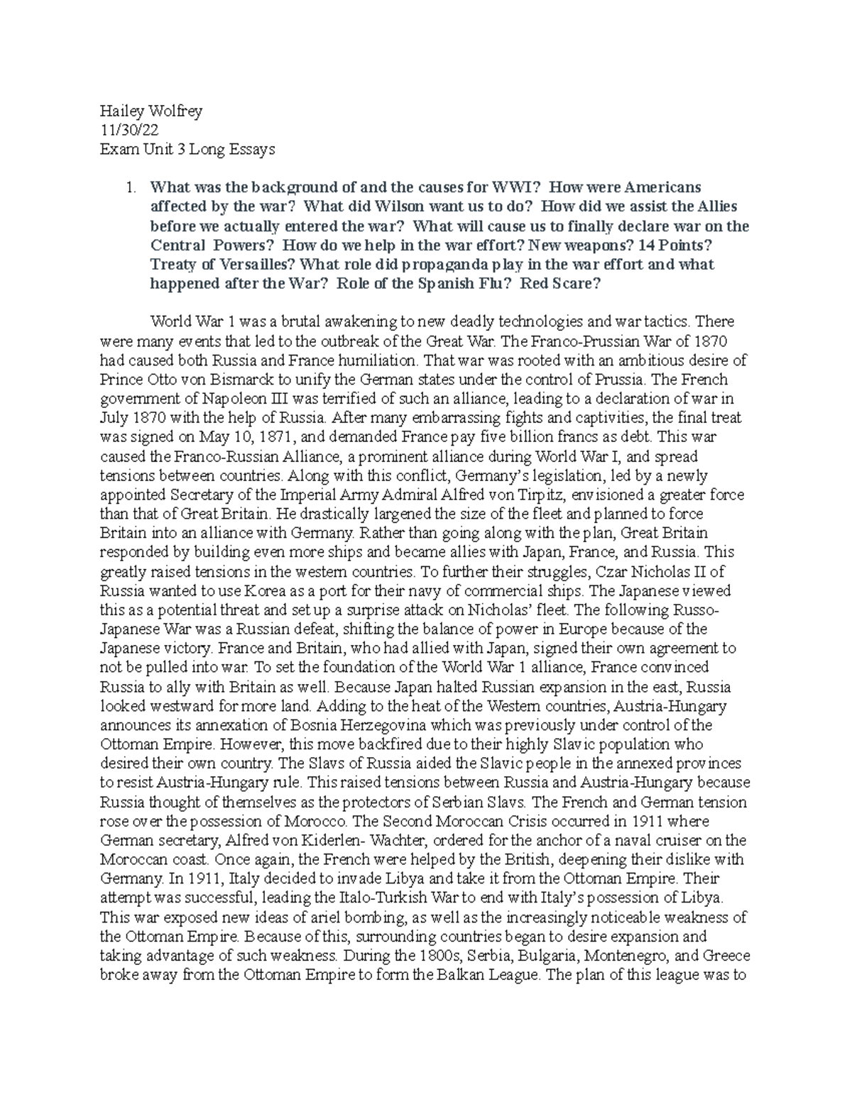 Exam 3 Long Essays - Exam 3 Long Essay COMPLETE - Hailey Wolfrey 11/30/ Exam Unit 3 Long Essays ...