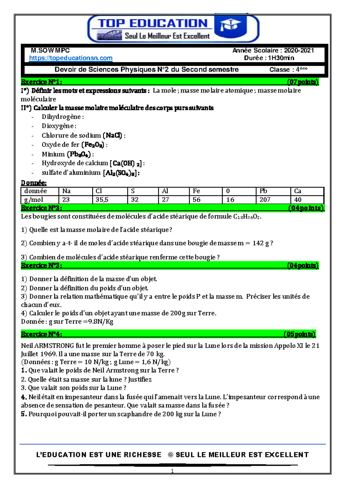 Devoir-N°2-pc-semestre-2-4eme-2020-2021 - L’EDUCATION EST UNE RICHESSE © SEUL LE MEILLEUR EST ...