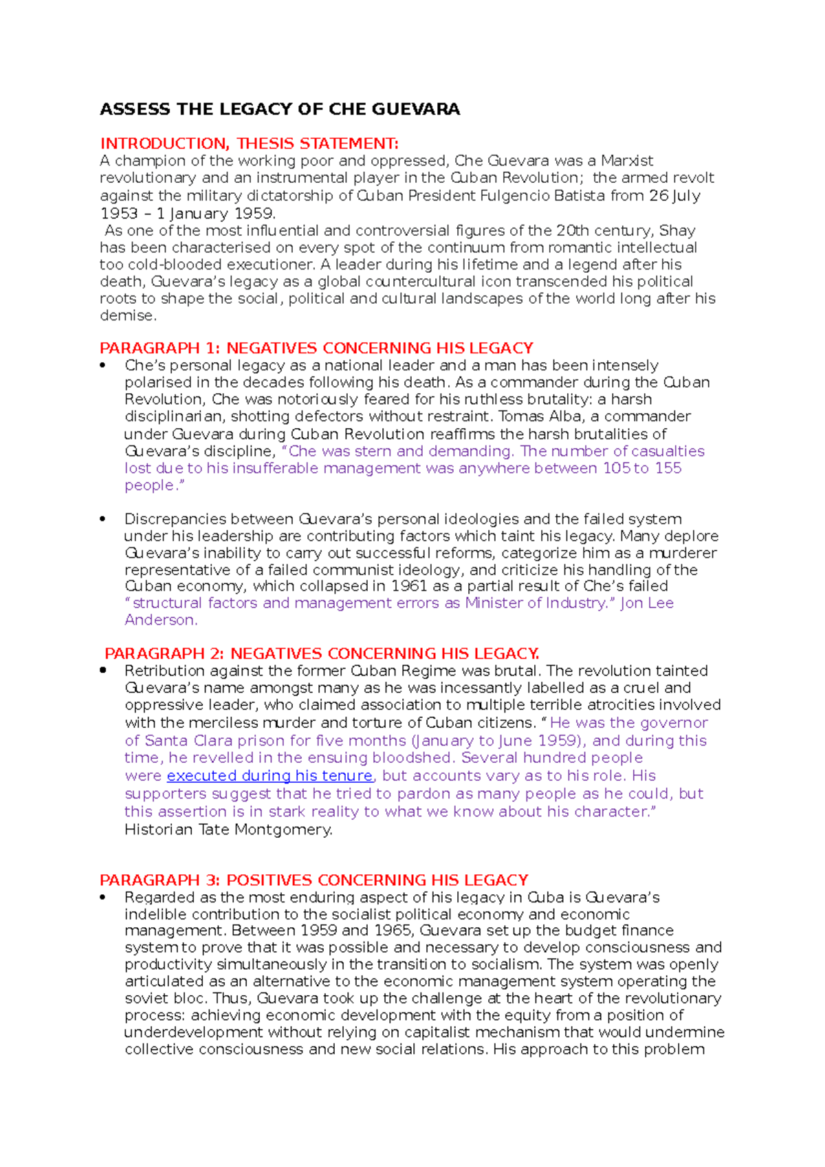 CHE Essay - Modern History - ASSESS THE LEGACY OF CHE GUEVARA ...