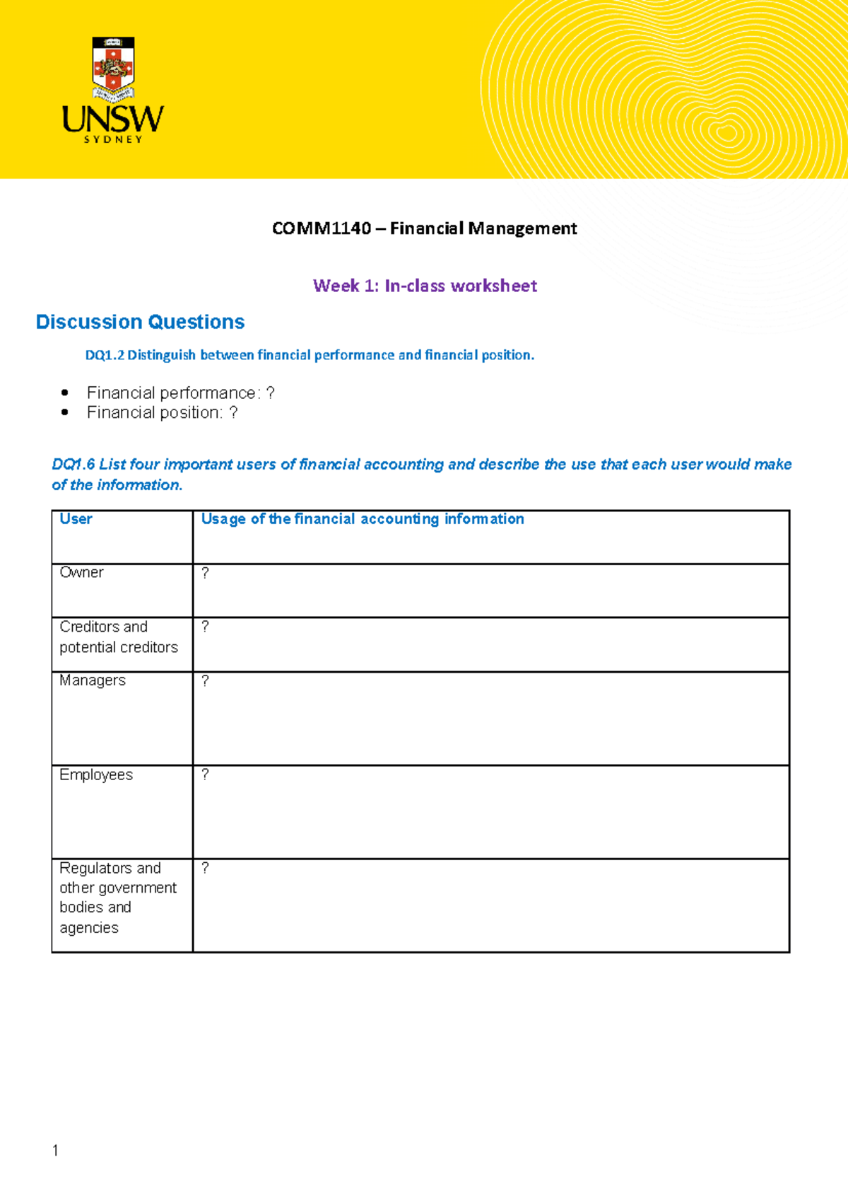 COMM1140 Week 1 - IN Class Worksheet - COMM 1140 - UNSW Sydney - Studocu