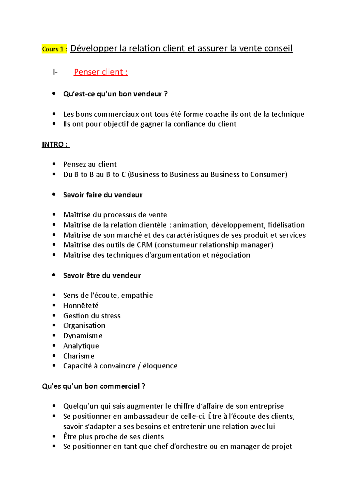 Cours 1 - voici un cour sur le développent de la relation client et vente conseil fait - Cours 1 ...