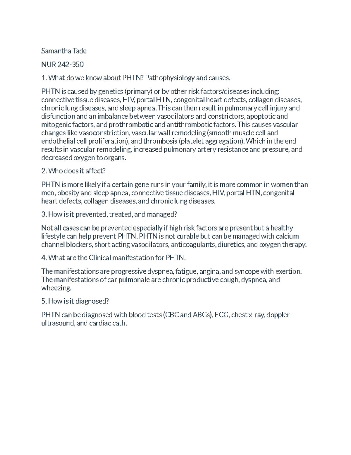 PHTN - Info on pulmonary hypertension - Samantha Tade NUR 242- What do ...