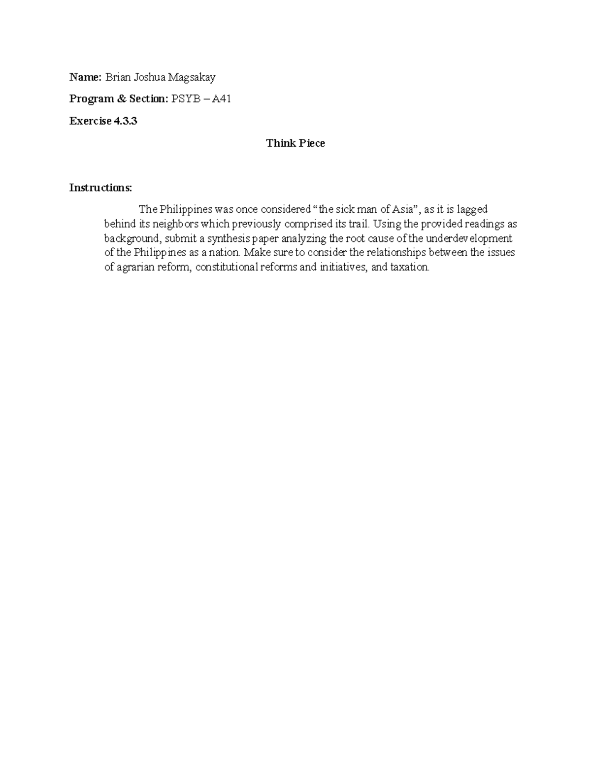 Term Paper 2 Think Piece - Name: Brian Joshua Magsakay Program ...