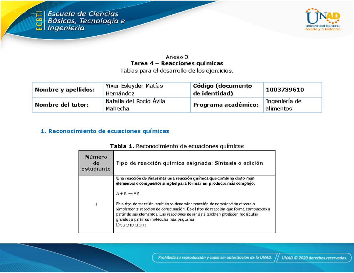 Reacciones quimicas - Anexo 3 Tarea 4 – Reacciones químicas Tablas para ...