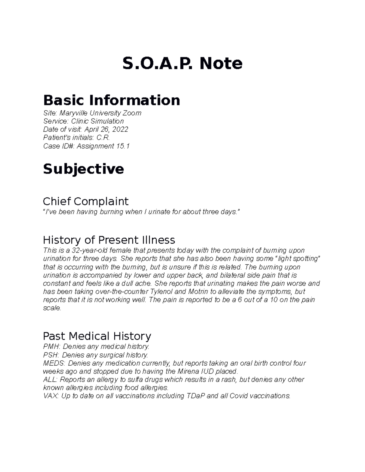 Clinic Sim SOAP 15 - Simulation SOAP note 15.1 - S.O.A. Note Basic ...