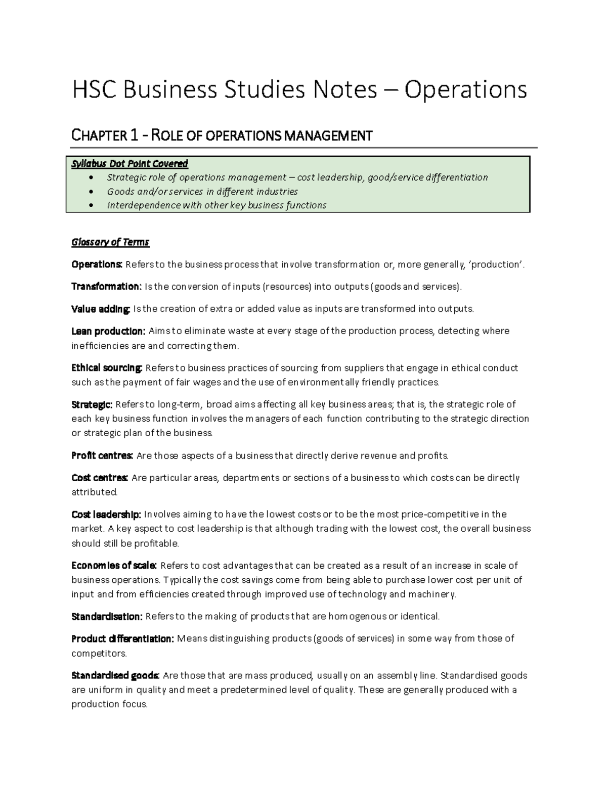 HSC Business Studies Notes Part 1 of the core - Operations - HSC ...