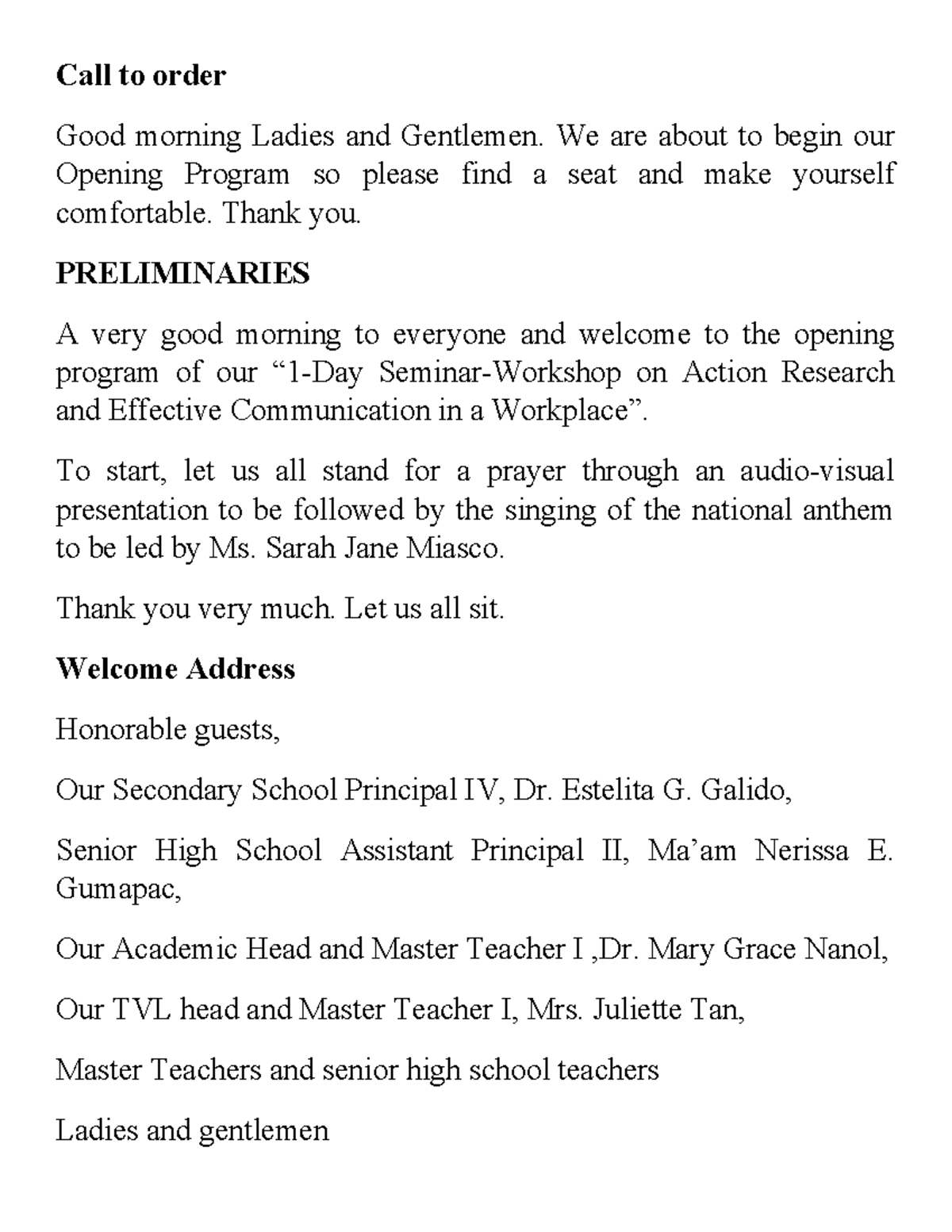 Emcee-Script - It is nice - Call to order Good morning Ladies and ...