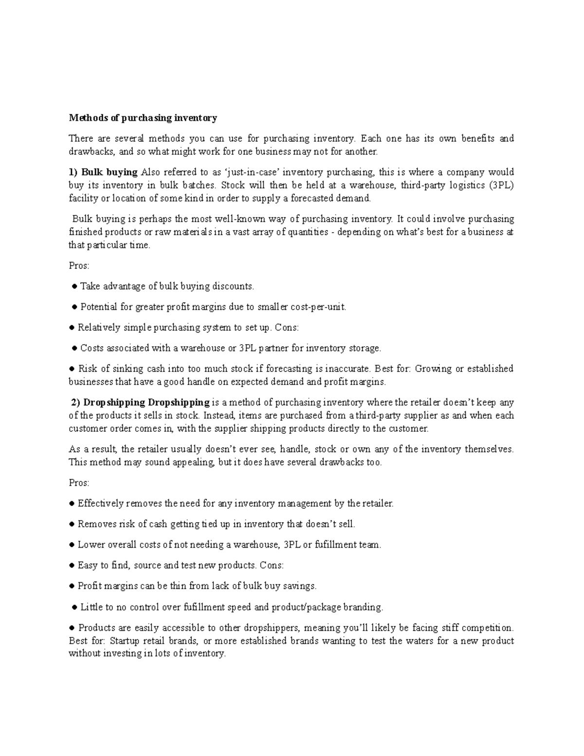 Chapter 4 - Methods of purchasing inventory There are several methods ...