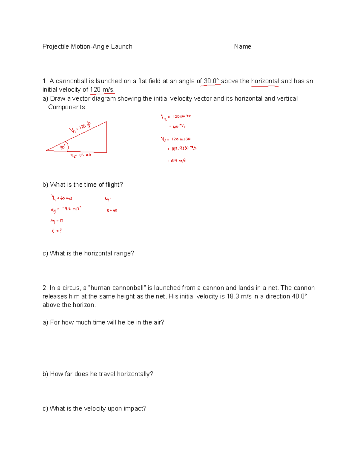 Projectiles launch - Cheat sheet - Projectile Motion-Angle Launch Name ...