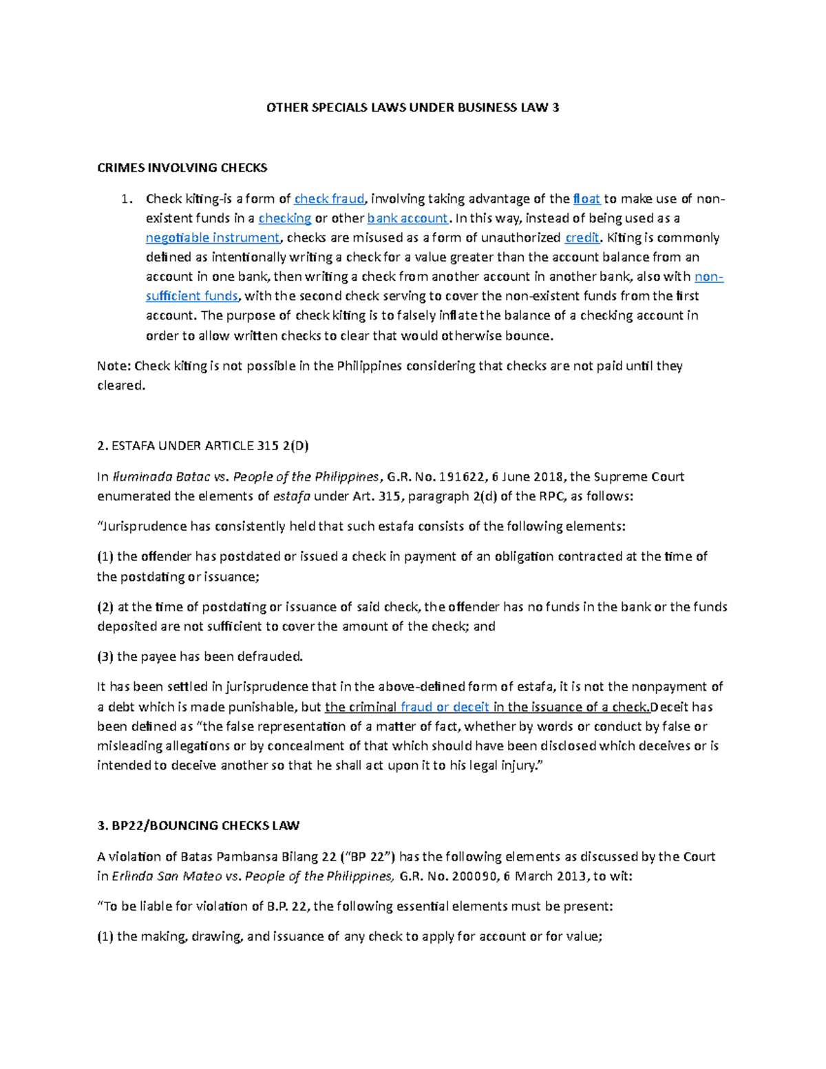 Other Specials LAWS - Law (Notes Summary) - OTHER SPECIALS LAWS UNDER ...