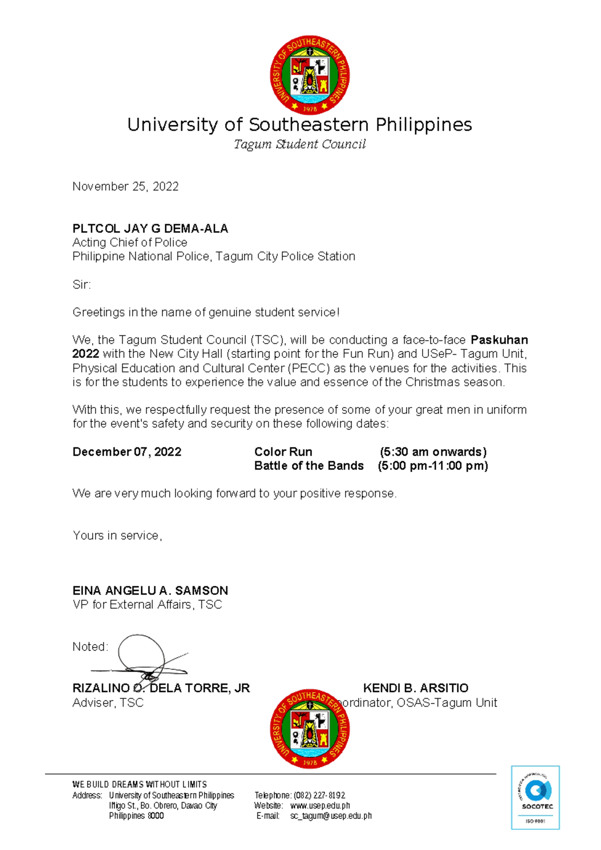 Letter Paskohanforprintfinal - Tagum Student Council November 25, 2022 ...