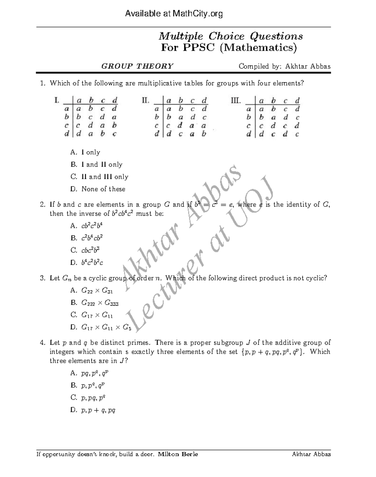 Group theory mcqs ppsc akhtar abbas - Akhtar Abbas Lecturer at UOJ ...