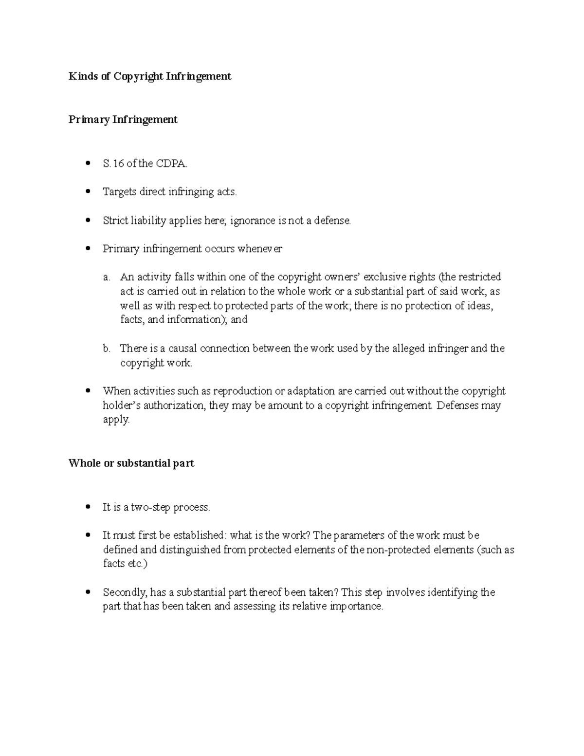 Infringement Notes (Part 1) - Kinds of Copyright Infringement Primary ...