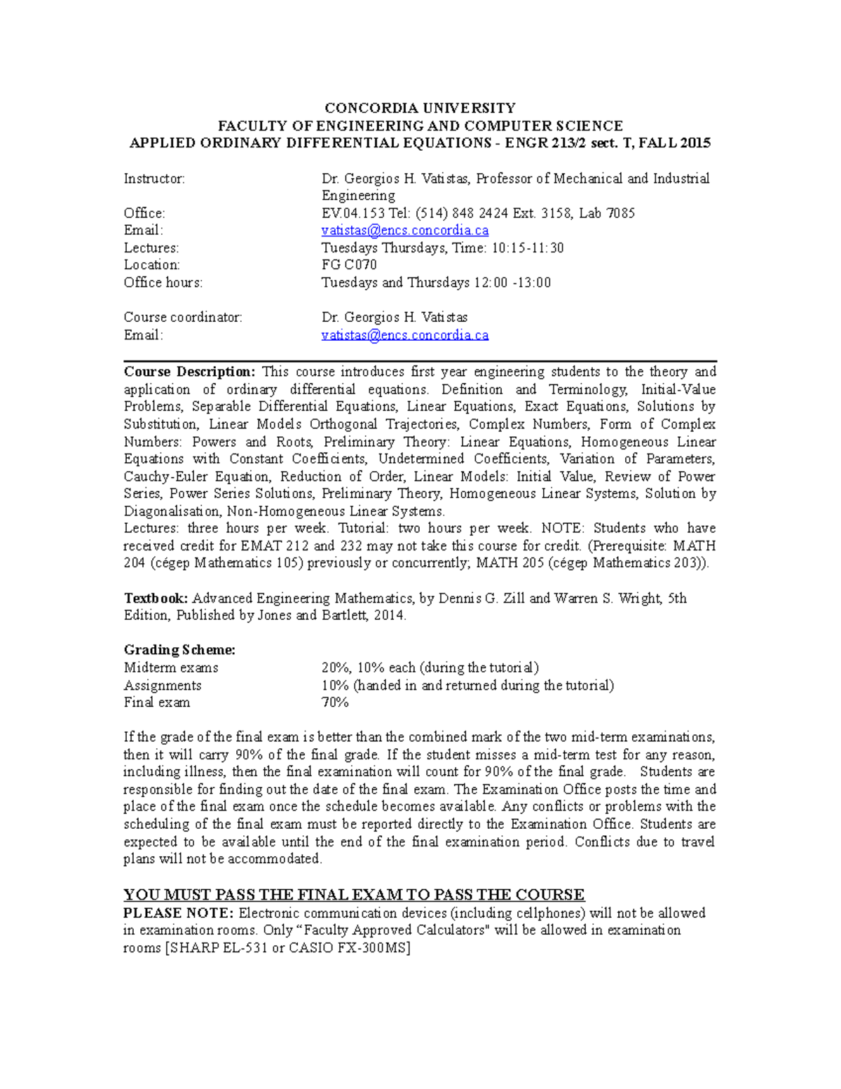 ENGR 213 - Outline - CONCORDIA UNIVERSITY FACULTY OF ENGINEERING AND COMPUTER SCIENCE APPLIED ...