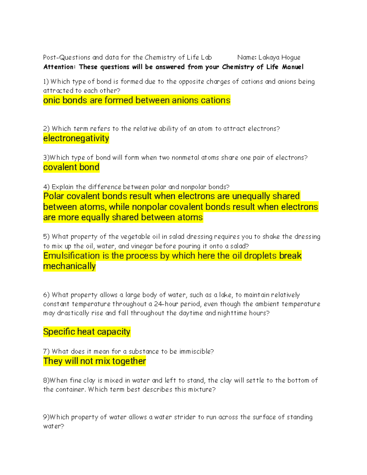 Chemisty of Life- Post lab questions and data - Post-Questions and data ...