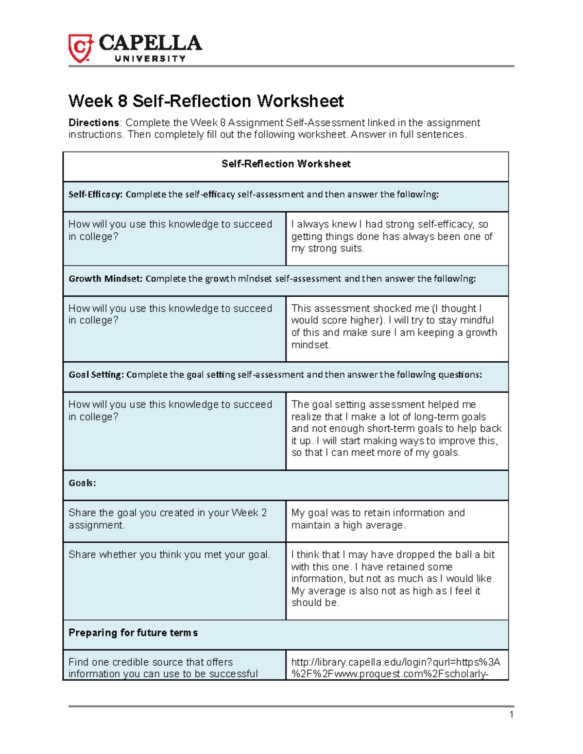 Cf week 8 self reflection - Week 8 Self-Reflection Worksheet Directions ...