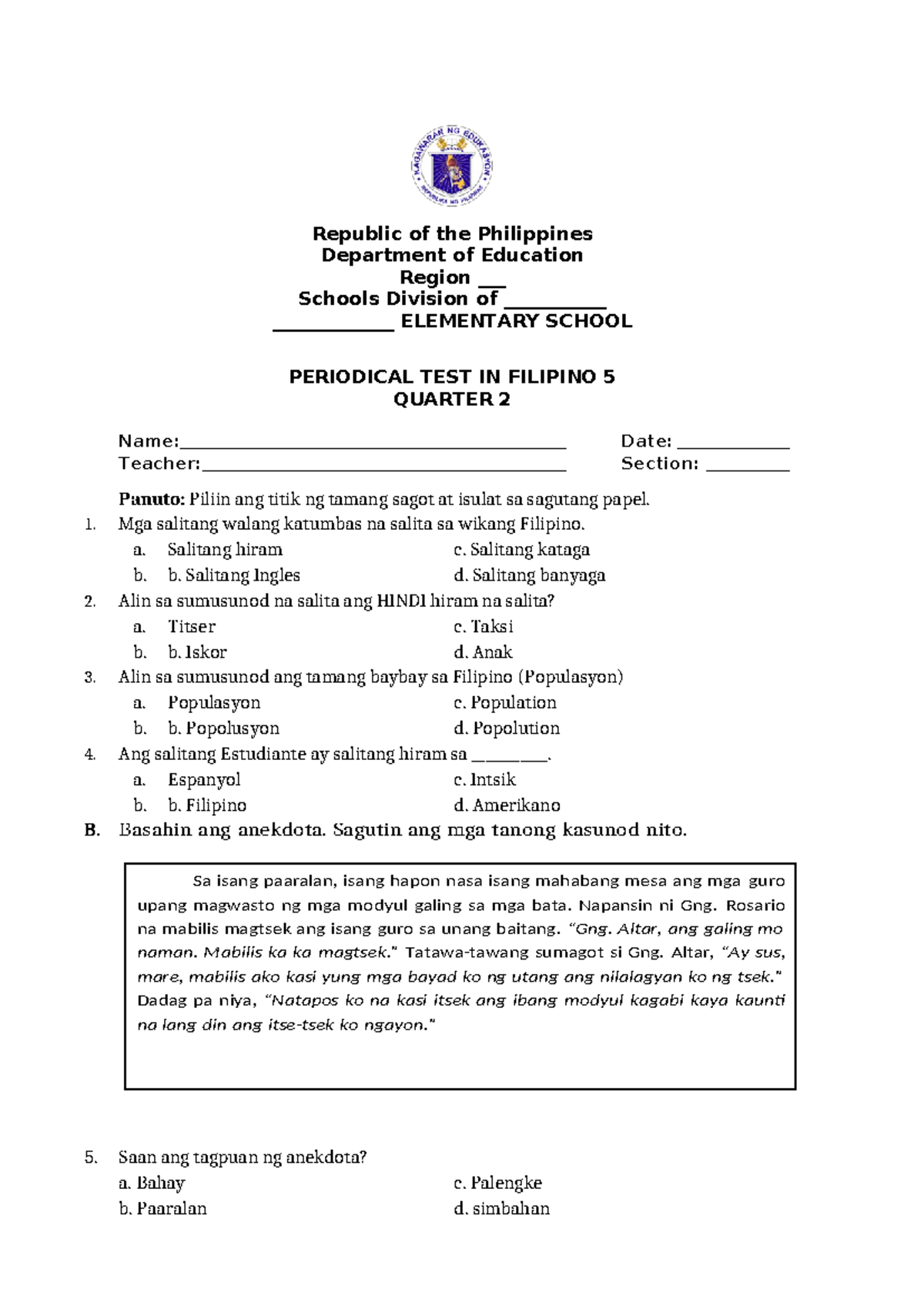 Q2-FIL5- Periodic - Republic of the Philippines Department of Education ...