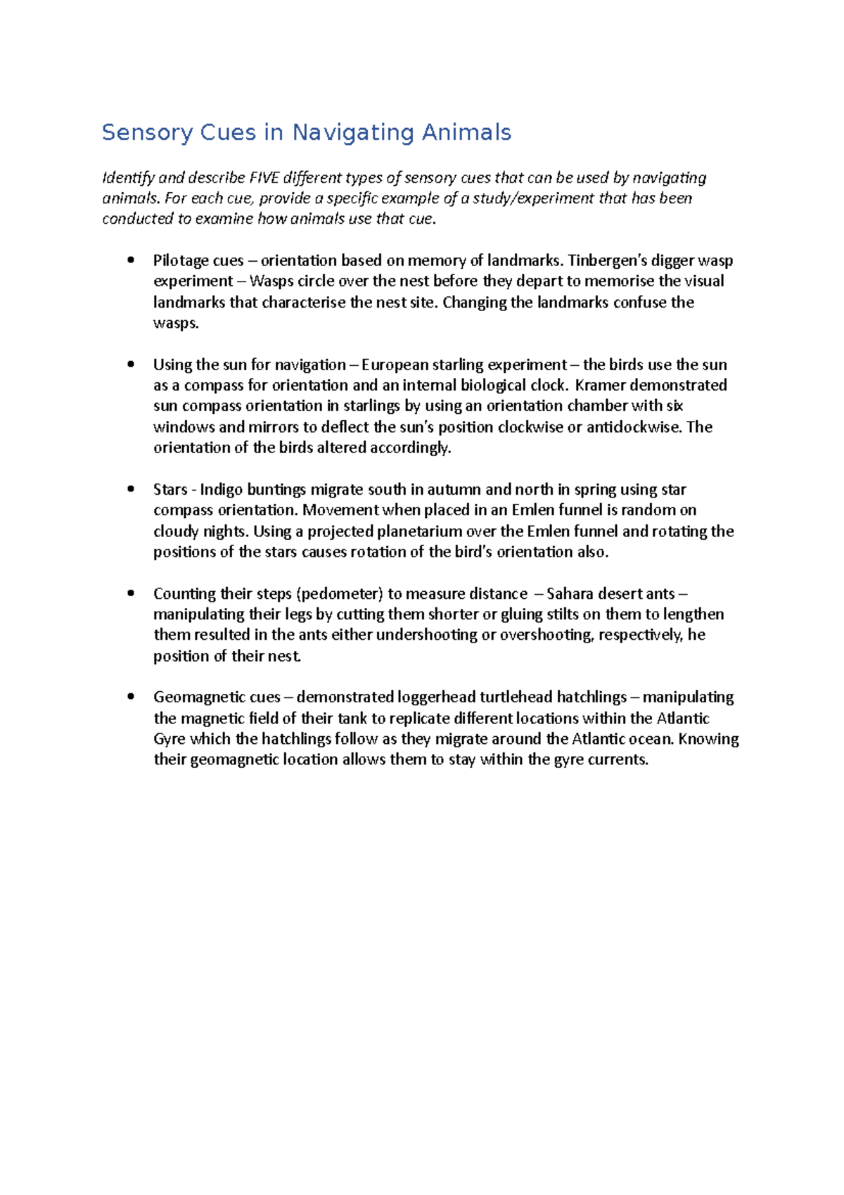 Sensory Cues for Navigating Animals - For each cue, provide a specific ...