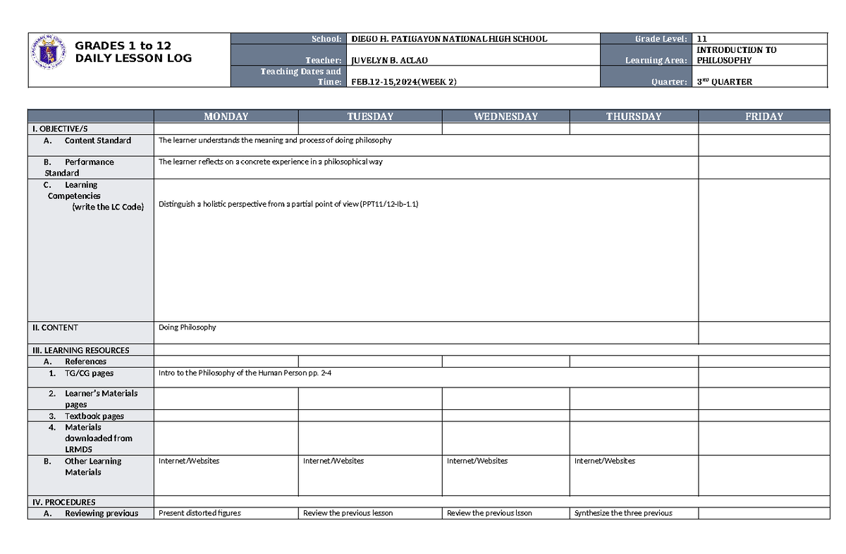Intro TO Philo WEEK 1 Final - GRADES 1 to 12 DAILY LESSON LOG School ...