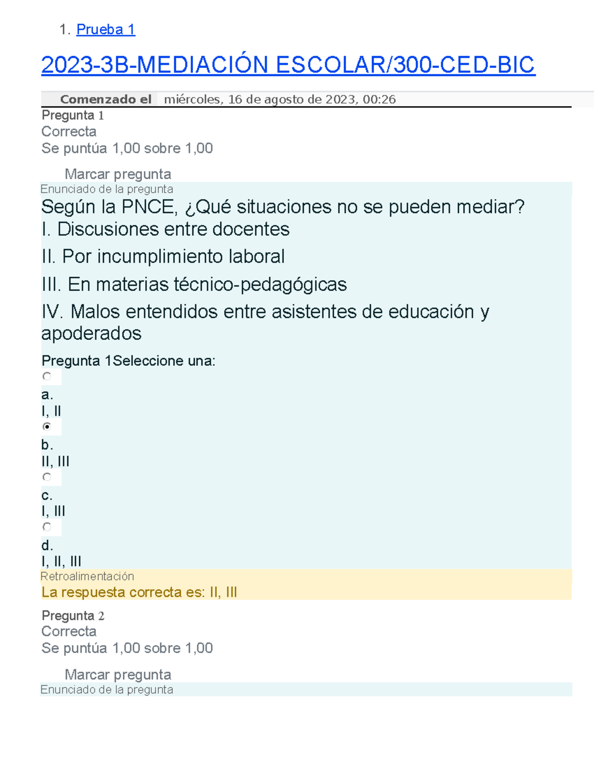 Prueba 1 Mediacion Escolar AGO 2023 - 1. Prueba 1 2023-3B-MEDIACIÓN ESCOLAR/300-CED-BIC ...