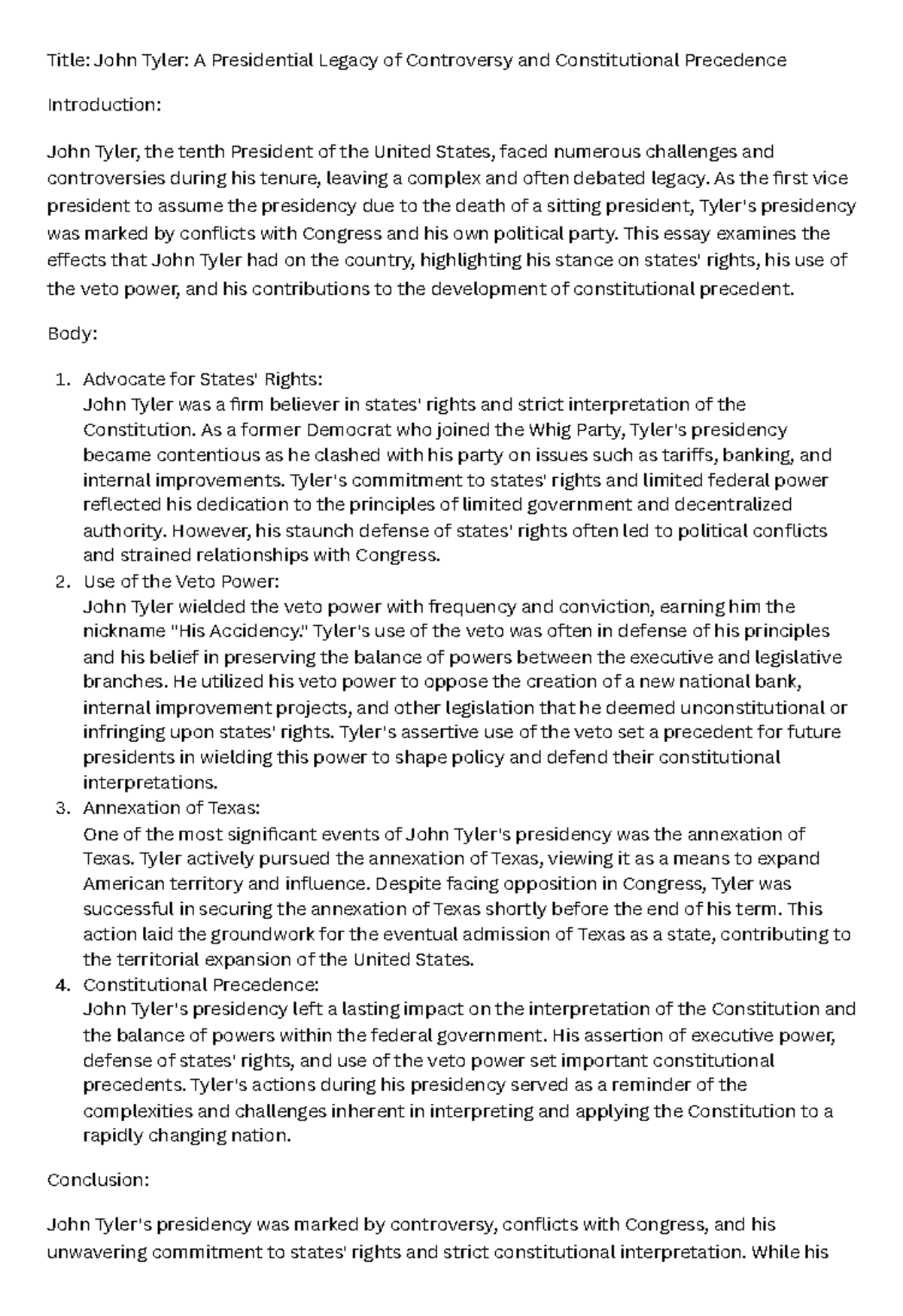 Title John Tyler A Presidential Legacy of Controversy and ...