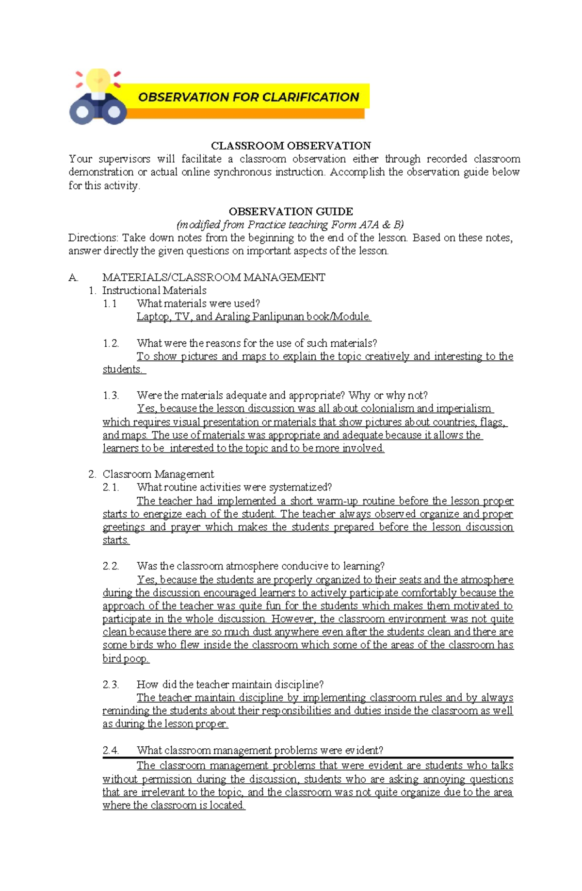 Domain 1 Lesson 2 - CLASSROOM OBSERVATION Your supervisors will ...