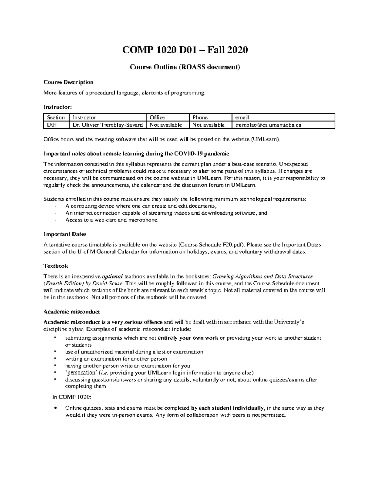 Course Outline Fall 2020 - COMP 1020 D01 – Fall 2020 Course Outline ...