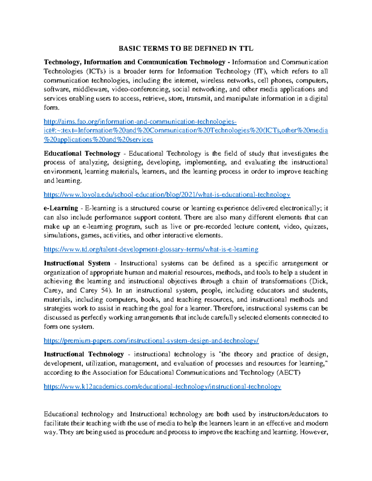 Basic Terms to be defined in Technology in Teaching and Learning ...