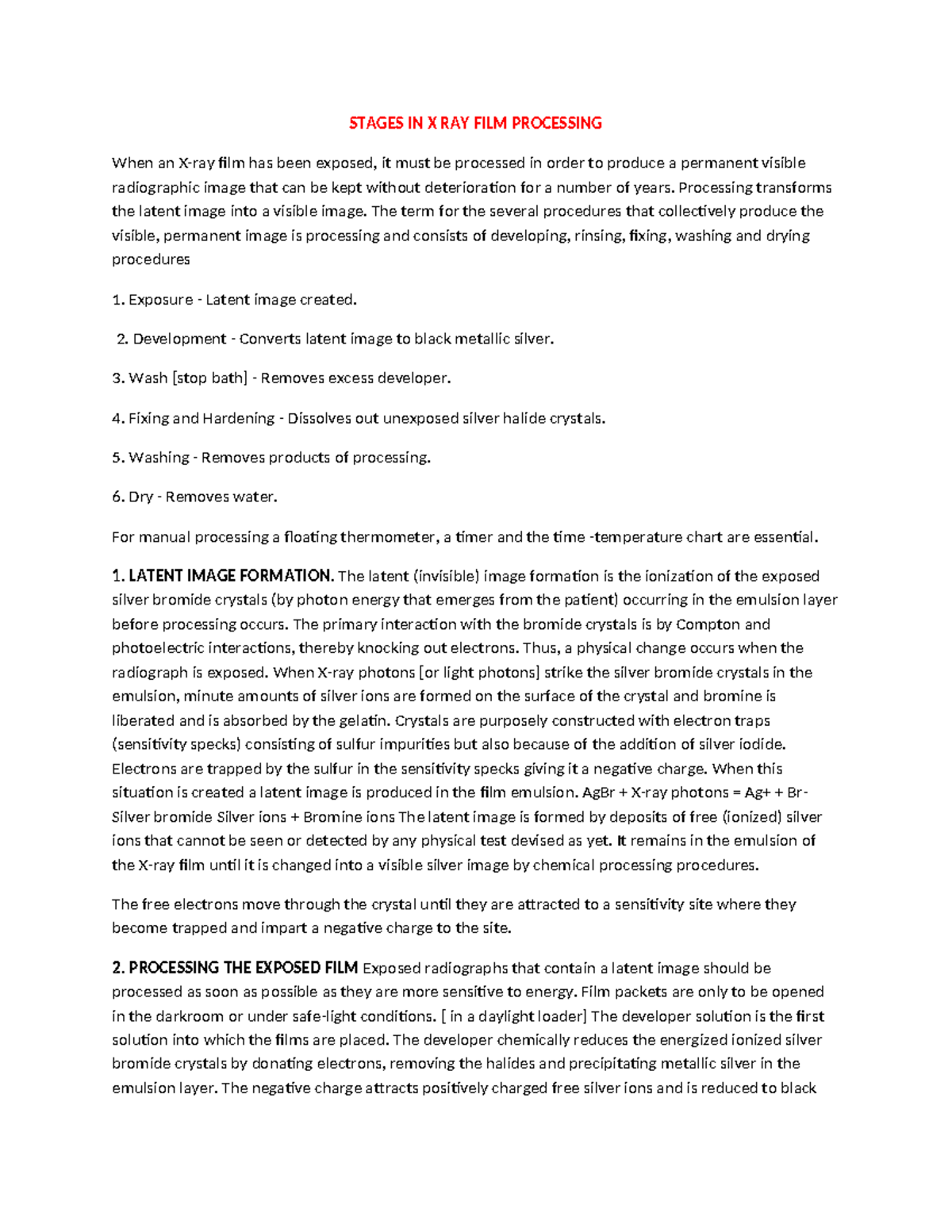 99999815 - Assignments - STAGES IN X RAY FILM PROCESSING When an X-ray ...