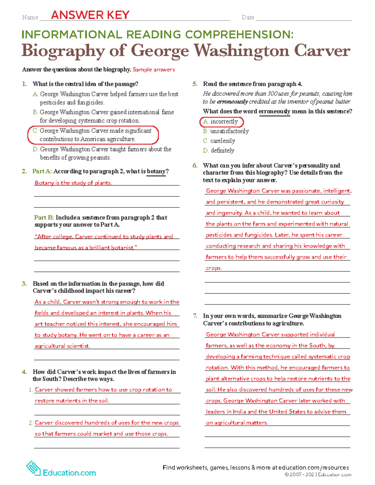 Answer informational reading comprehension biography of george ...