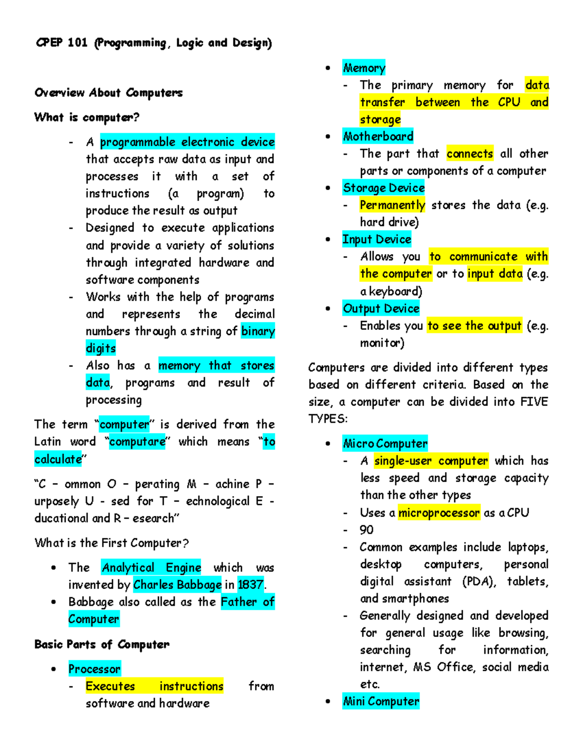 CPEP 101 Notes (Prelims) - CPEP 101 (Programming, Logic and Design ...
