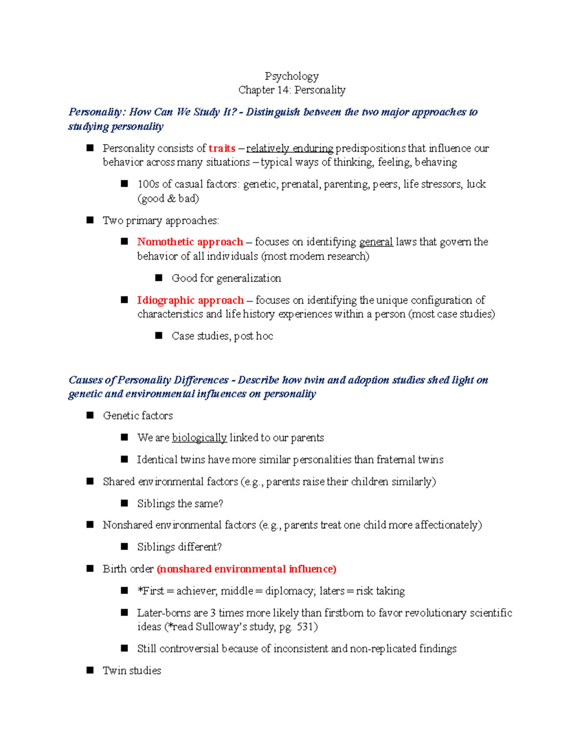 Chapter 14 Personality - Psychology Chapter 14: Personality Personality ...