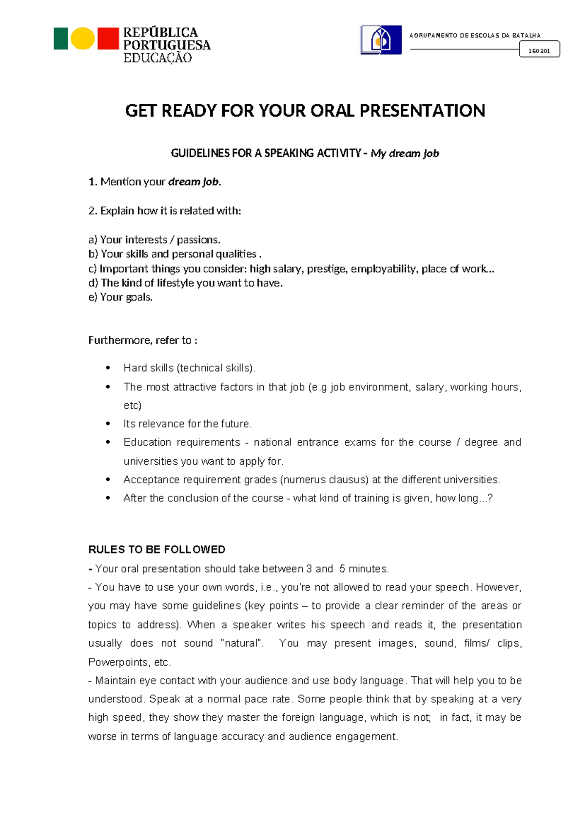 Guidelines FOR A Speaking Activity - GET READY FOR YOUR ORAL ...