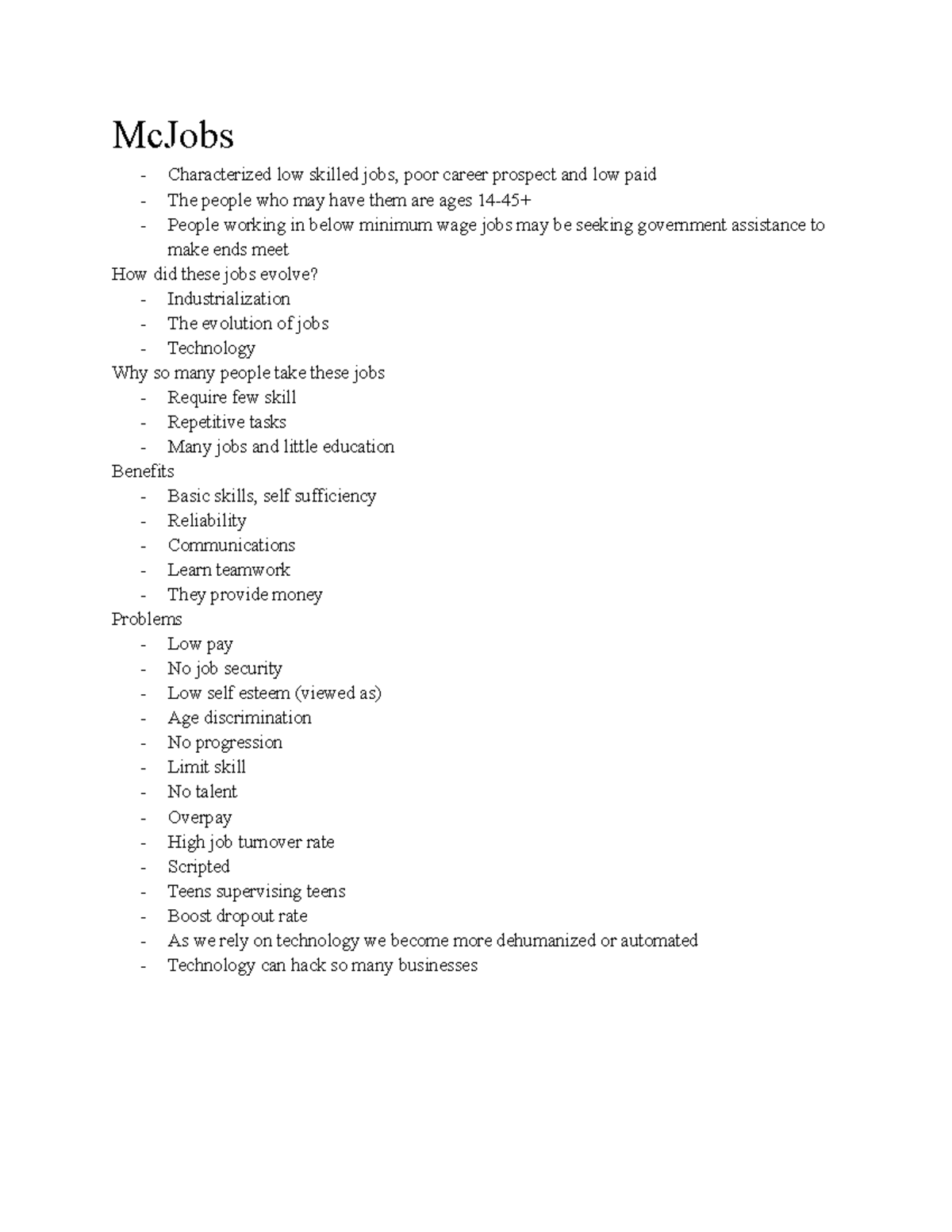 Sociology 204 - lecture notes on McJobs and how society has changed ...