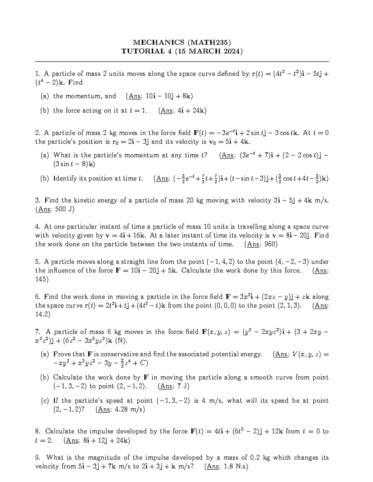 Tutorial 4 - helpful practice questions - MECHANICS (MATH235) TUTORIAL ...