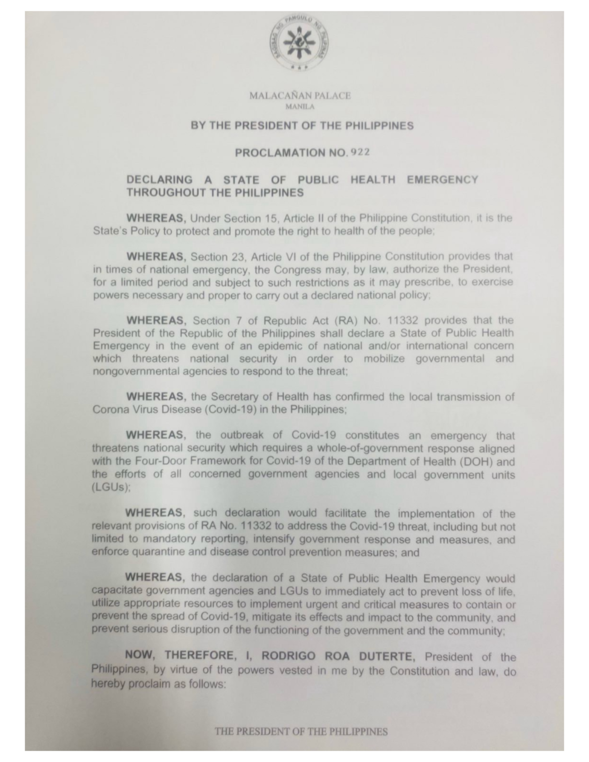 202003 08 PROC 922 RRD - By the President of the Philippines ...