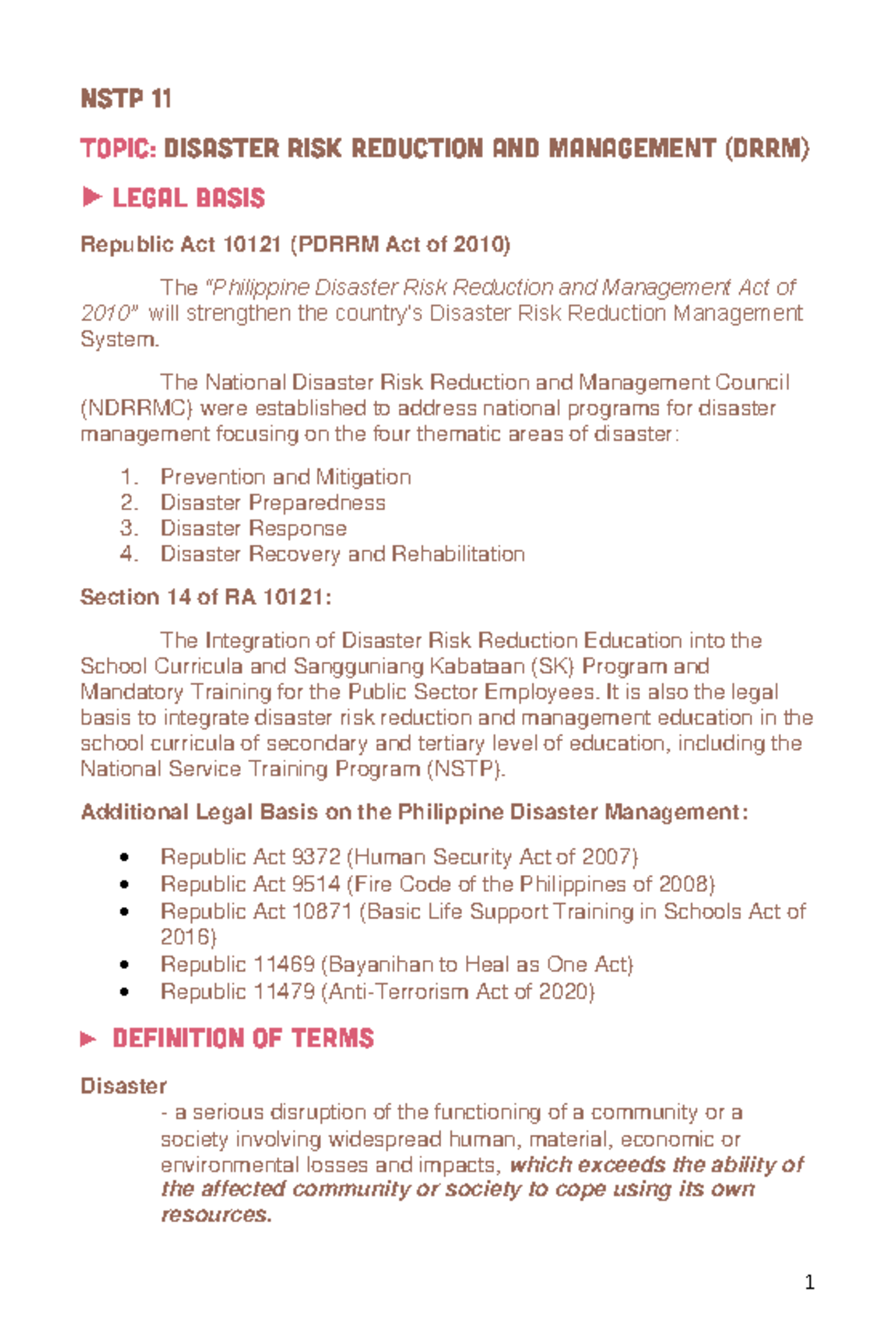 NSTP-11-Disaster Risk Reduction and Management - Republic Act 10121 ...