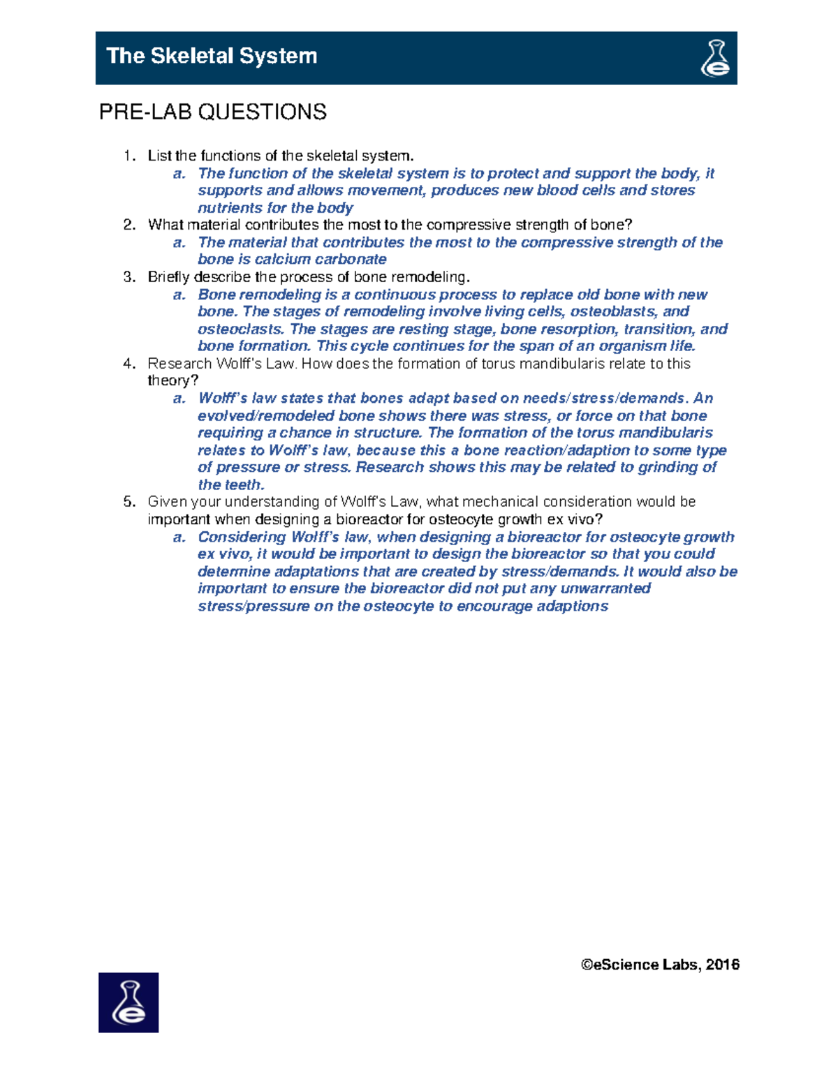 Lab 6 the Skeletal System EScience Labs PRE LAB QUESTIONS List The 
