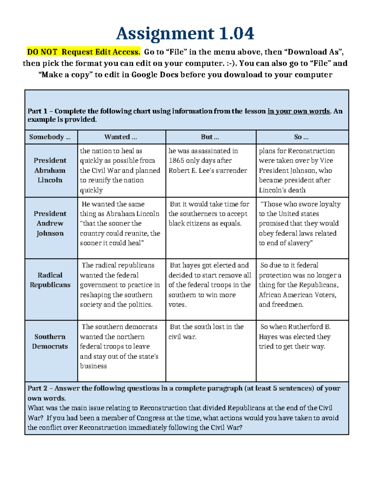 USH v21 1 - history honors assignment - Assignment 1. DO NOT Request Edit Access. Go to “File ...